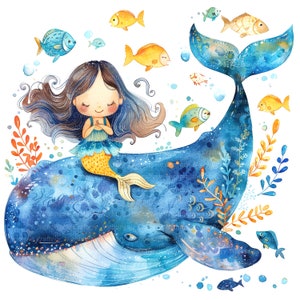 10 Little Mermaid Girl Clipart, Whale Clipart, Printable Watercolor ...