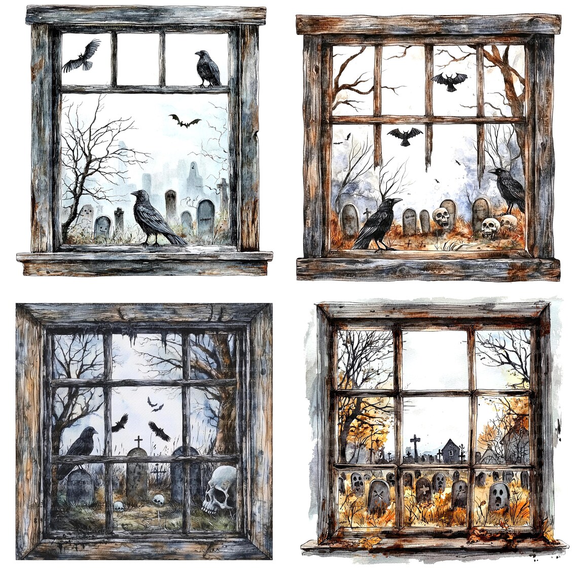 16 Window to Cemetery Clipart, Halloween Cemetery Clipart, Printable ...