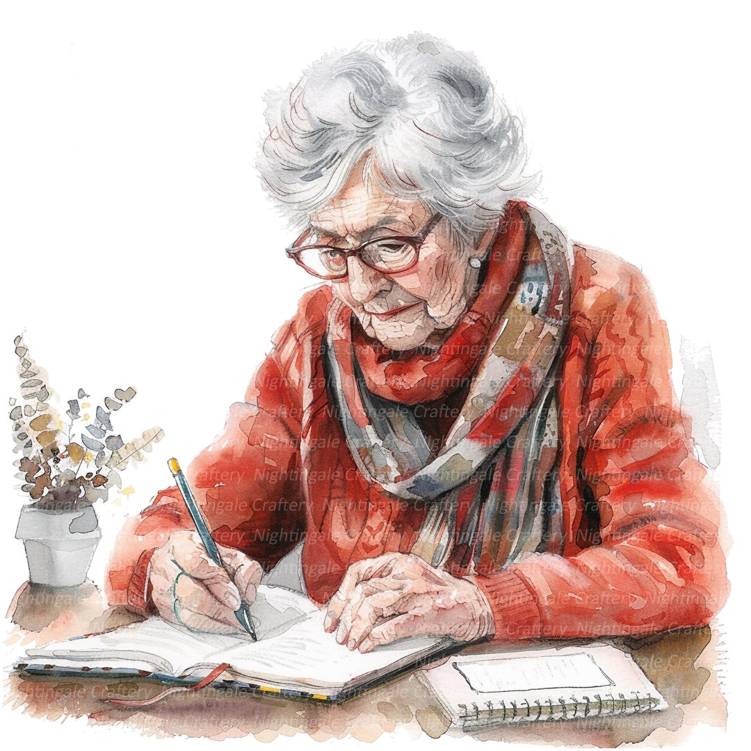 12 Senior Woman Writing Clipart, Writer Clipart, Printable Watercolor ...