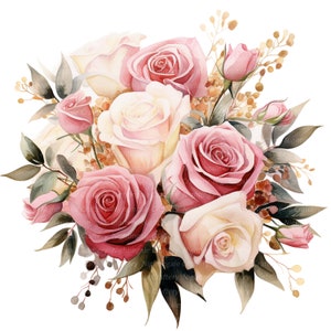 12 Roses Bouquet Set 2 Clipart, Pink Roses, Printable Watercolor ...