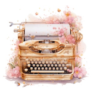 8 Pink Vintage Typewriter Clipart, Golden Pink, Printable Watercolor ...