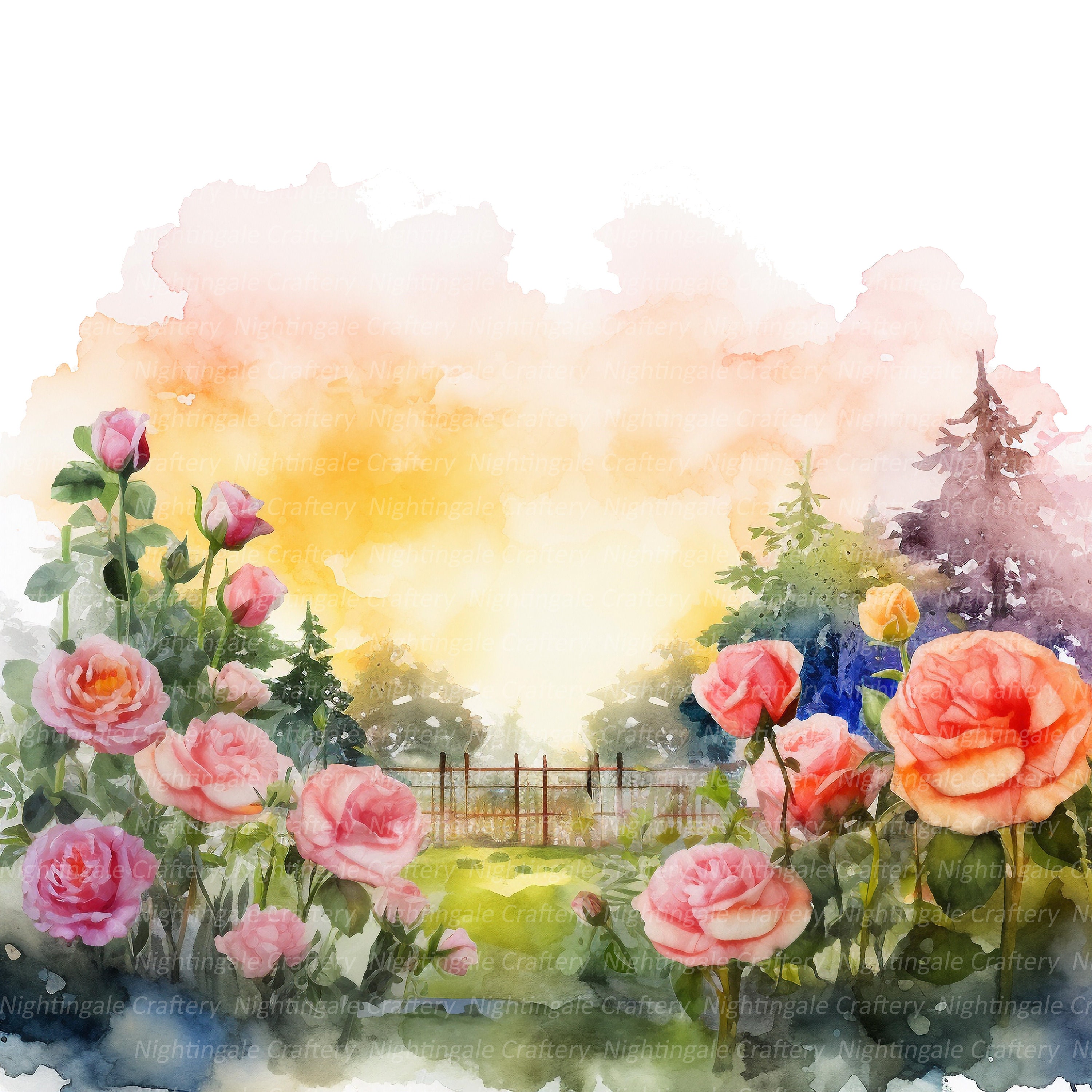 12 Rose Garden Clipart Sunset Over Garden Printable - Etsy