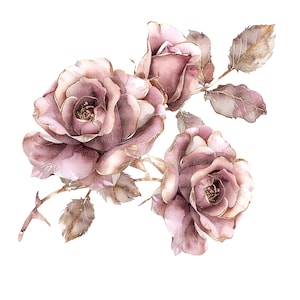 11 Pink Gold Rose Clipart, Pink Rose Stem, Printable Watercolor Clipart ...
