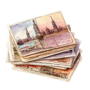 10 Stack of Postcards Clipart, Vintage Postcard, Printable Watercolor ...
