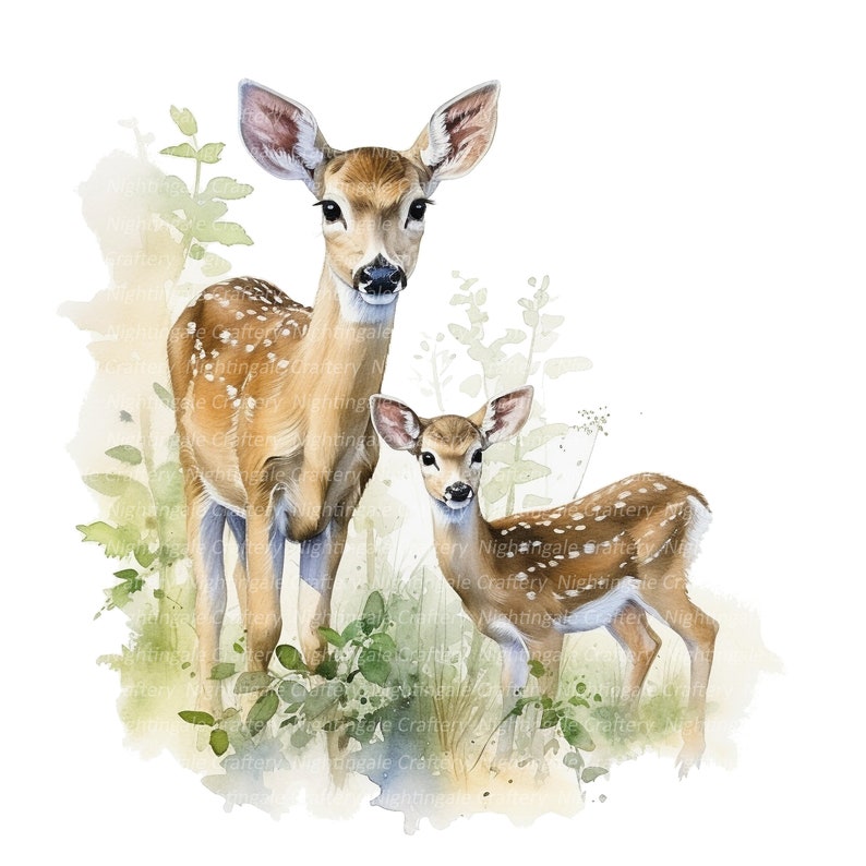 Fawn, Doe in Forest Clipart, Printable Watercolor Clipart, 10 High ...