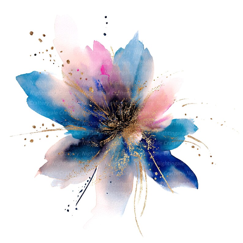 10 Abstract Flowers Clipart, Pink Blue Flowers, Printable Watercolor ...