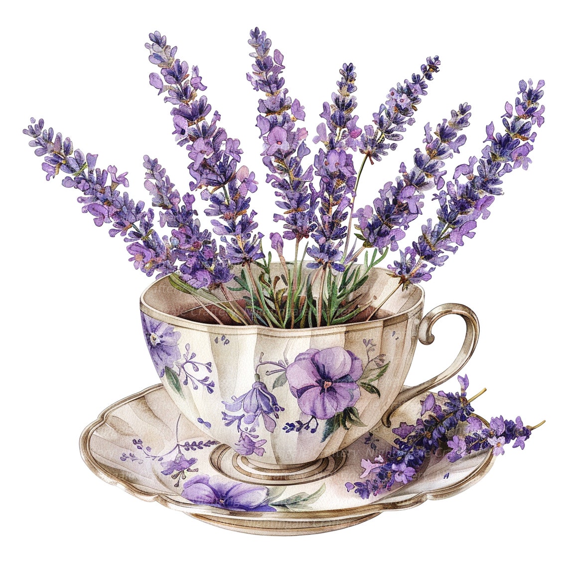 10 Lavender in Tea Cup Clipart, Floral Tea Cup, Printable Watercolor ...