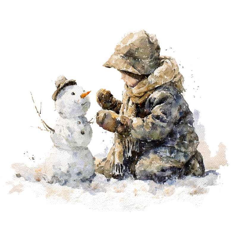 10 Kids and Snowman Clipart, Kid in Winter, Printable Watercolor ...