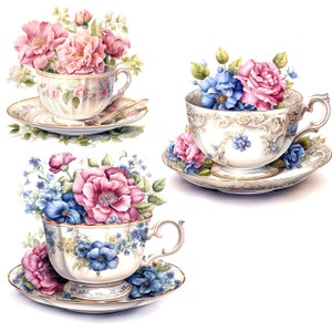 14 Floral Tea Cup Clipart, Floral Tea Set, Printable Watercolor Clipart ...