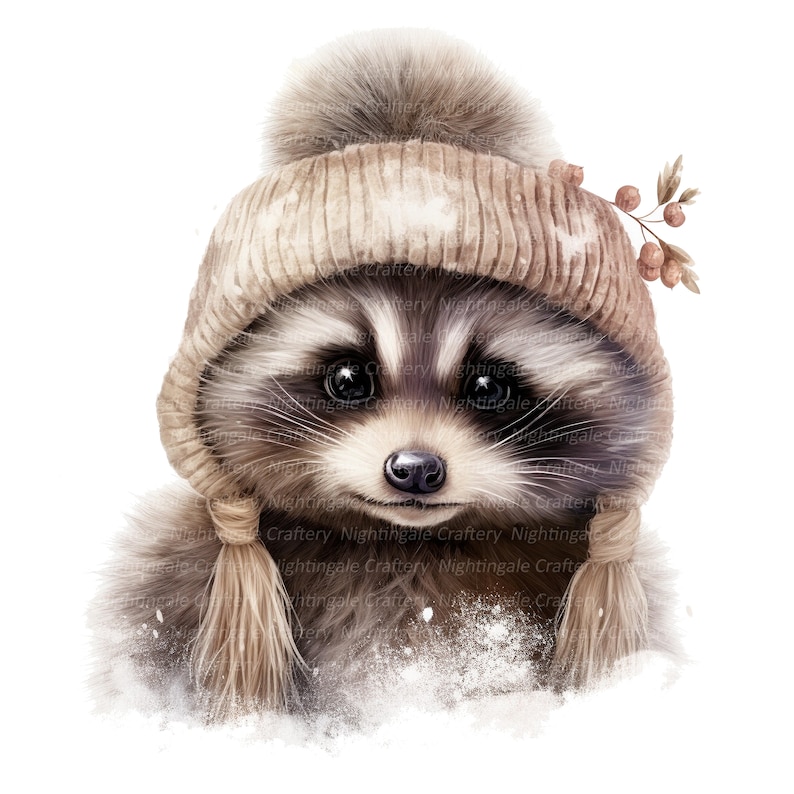 10 Racoon in Wool Hat Clipart, Winter Racoon, Printable Watercolor ...