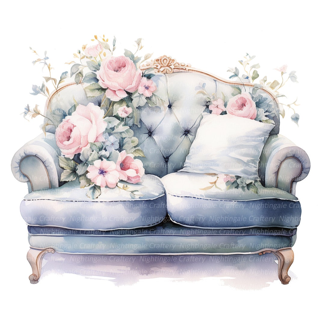 16 Vintage Floral Sofa Clipart, Shabby Chic, Printable Watercolor ...