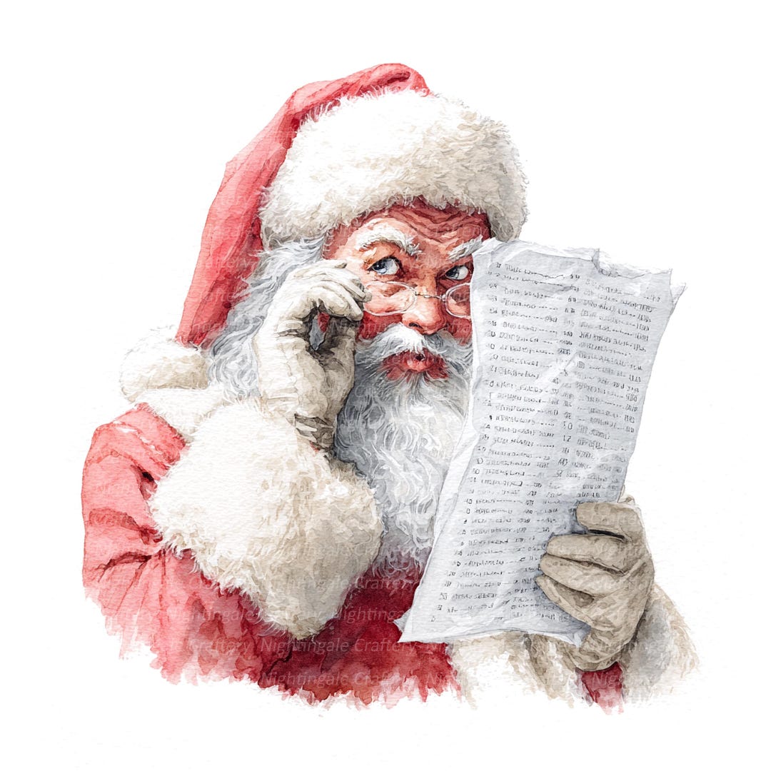 7 Christmas Santa Reading Letter Clipart, Printable Watercolor Clipart ...