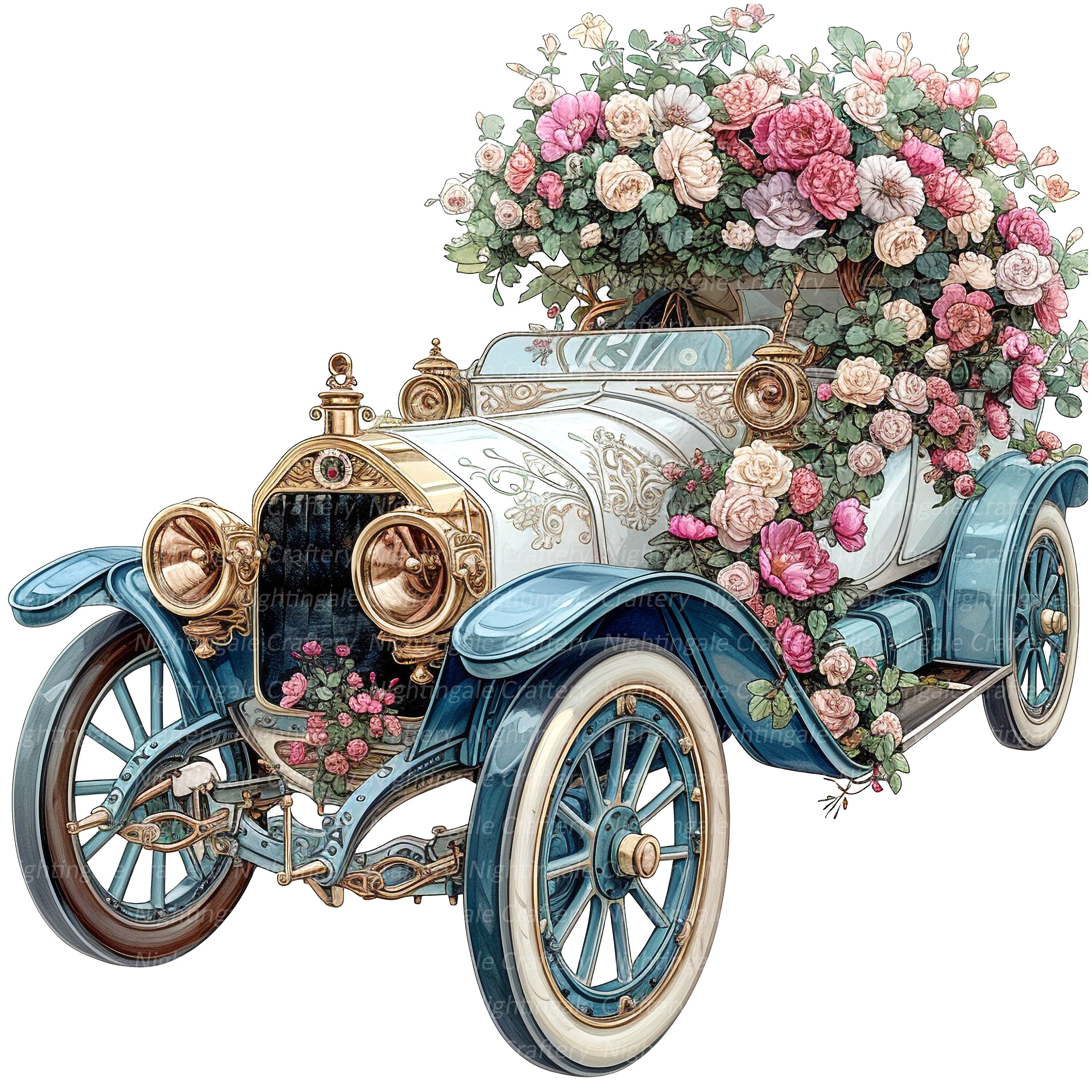 12 Victorian Car Clipart, Floral Car, Vintage, Printable Watercolor ...