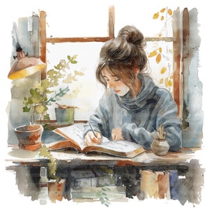 14 Woman Writing Clipart Set 2, Writer Clipart, Printable Watercolor ...