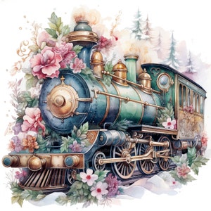 12 Floral Christmas Train Clipart, Printable Watercolor Clipart, High ...