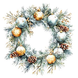 12 Christmas Wreath Clipart, Golden Wreath, Digital Clipart, Watercolor ...