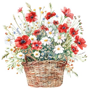 8 Floral Basket Clipart, Red Flowers, Printable Watercolor Clipart ...