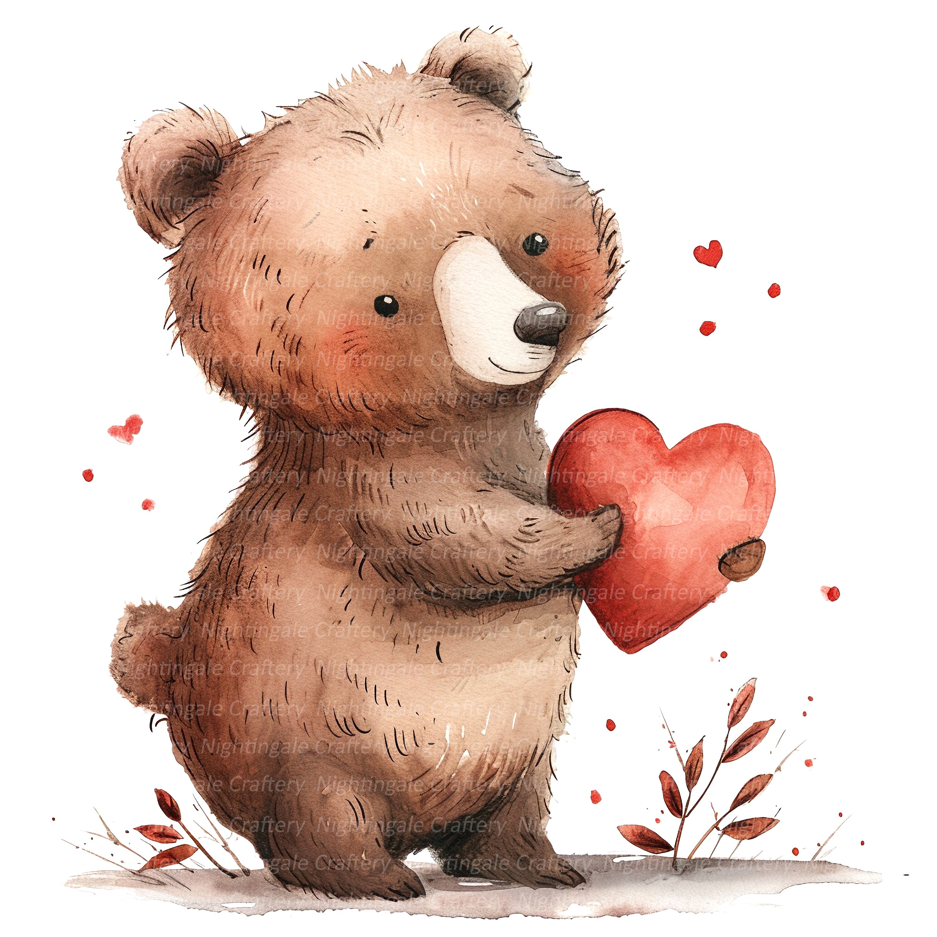 10 Bear With Heart Cartoon Clipart, Cartoon Bear, Printable Watercolor ...
