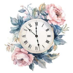 12 Floral Clock Clipart, Vintage Clock, Printable Watercolor Clipart ...