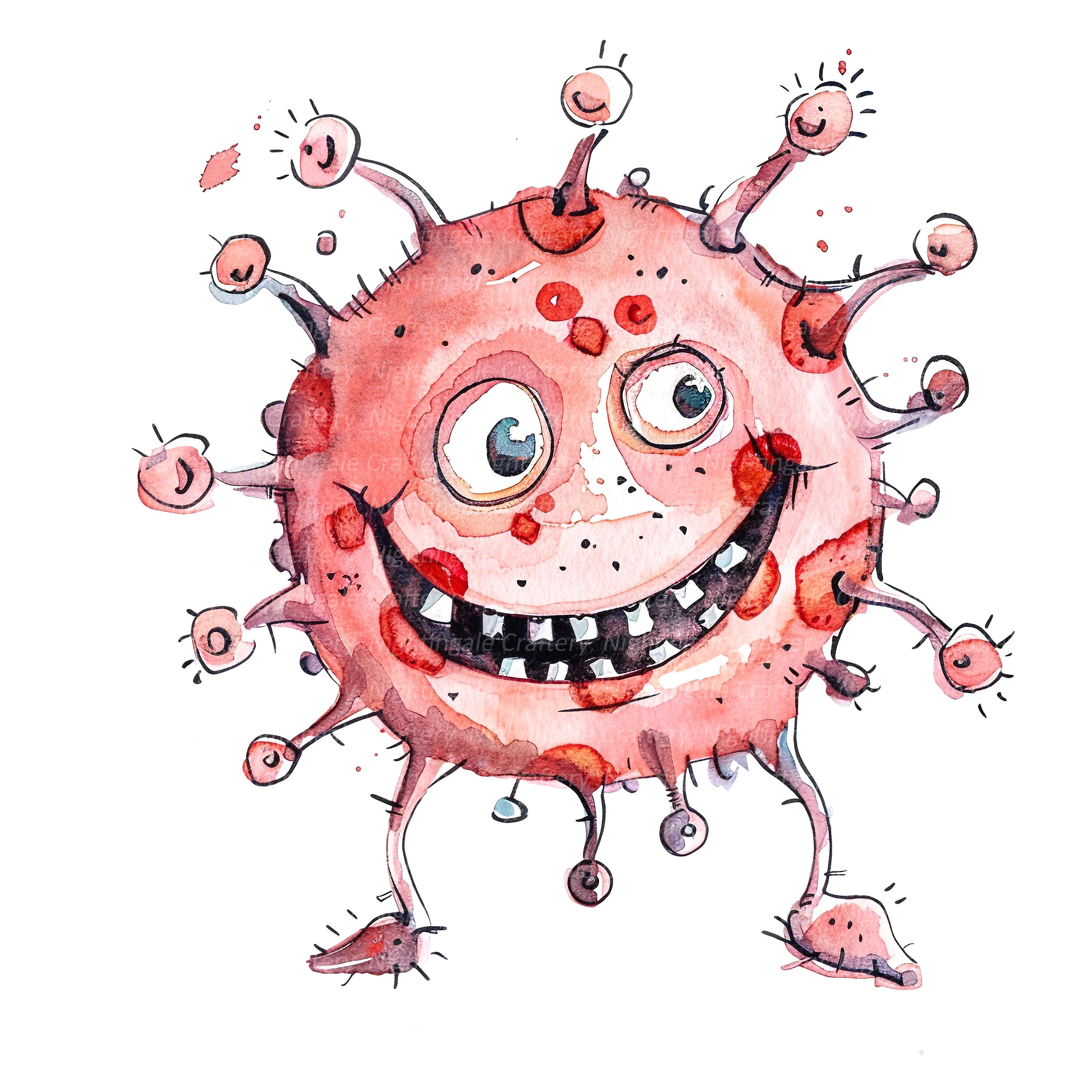 12 Cartoon Bacteria Clipart, Virus Clipart, Printable Watercolor ...