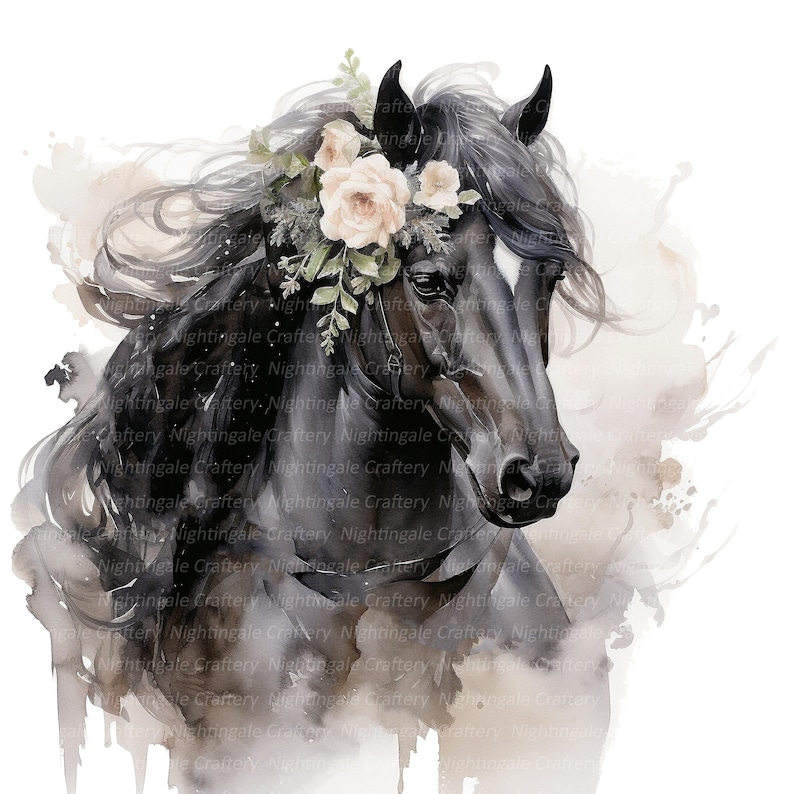 12 Floral Black Horses Clipart, Printable Adorable Horse, Watercolor ...