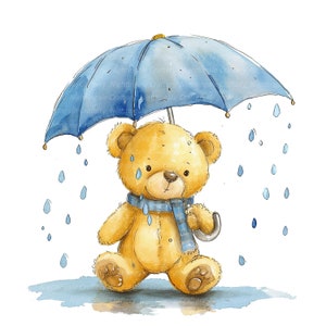 10 Teddy Bear Rainy Clipart, Teddy Bear in Rain, Printable Watercolor ...