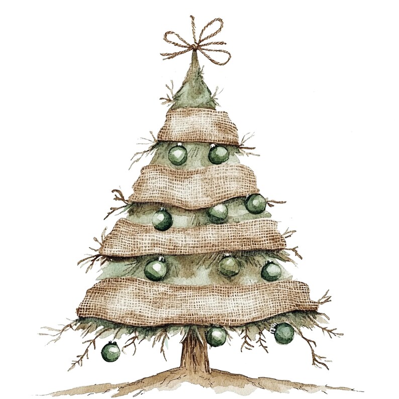 14 Rustic Hessian Christmas Tree Clipart, Printable Watercolor Clipart ...