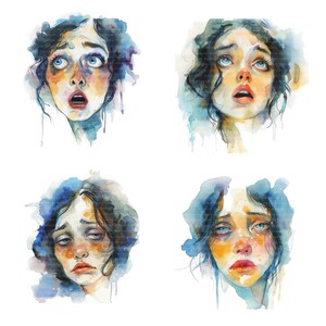 16 Woman Face Clipart, Woman Emotions Clipart, Printable Watercolor ...