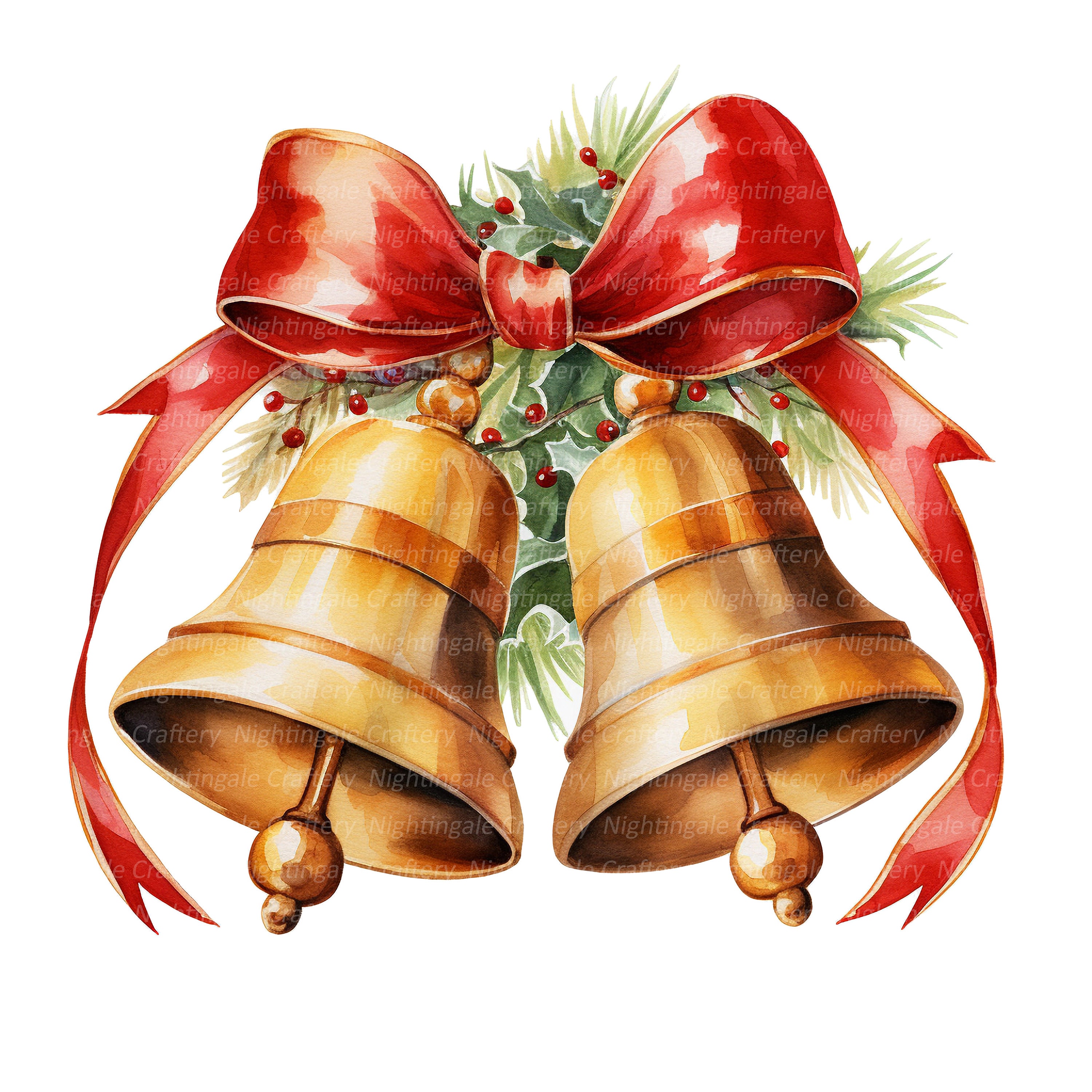 12 Christmas Bell Clipart, Golden Bell Images, Printable Watercolor ...