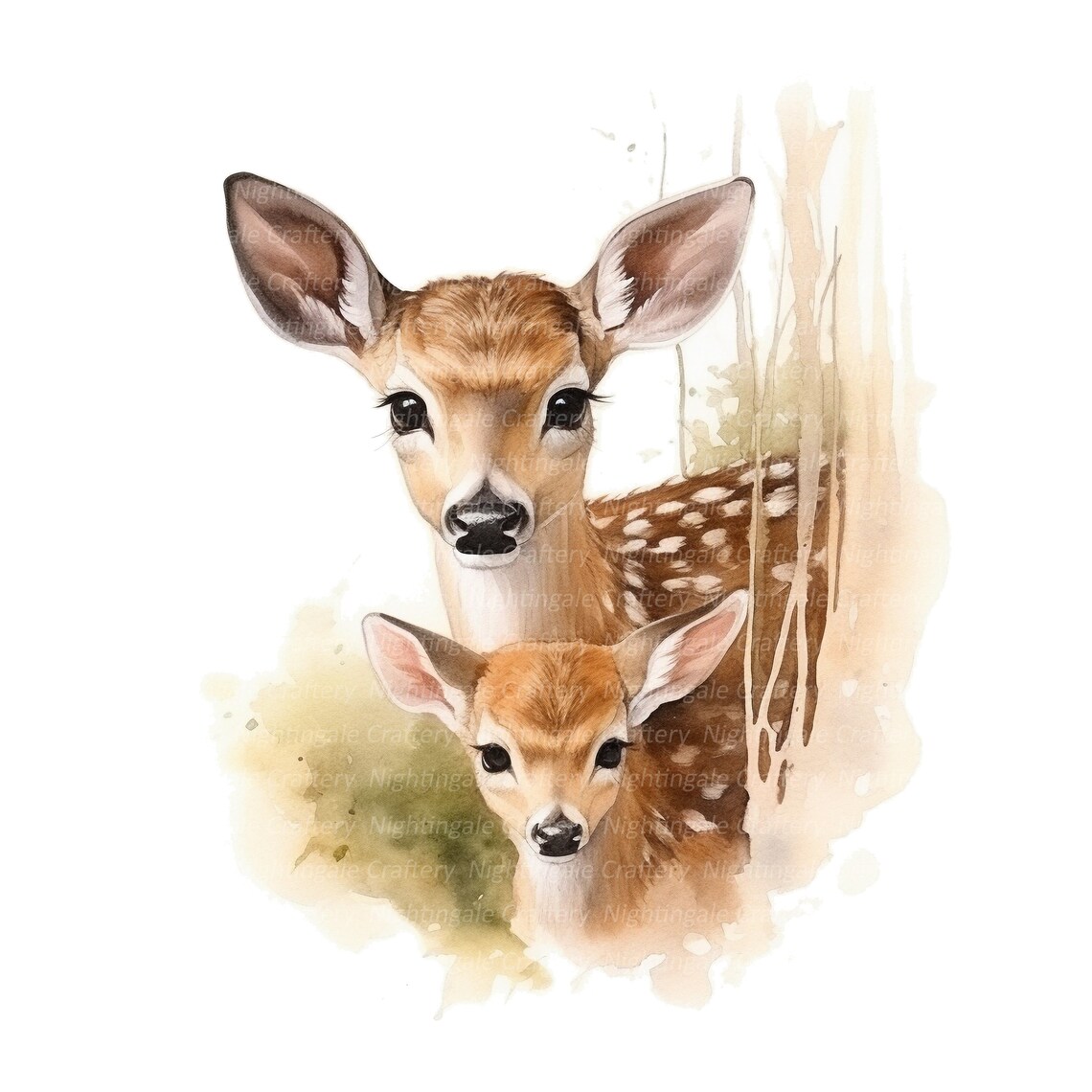 10 Fawn With Baby, Fawn in Forest Clipart, Printable Watercolor Clipart ...