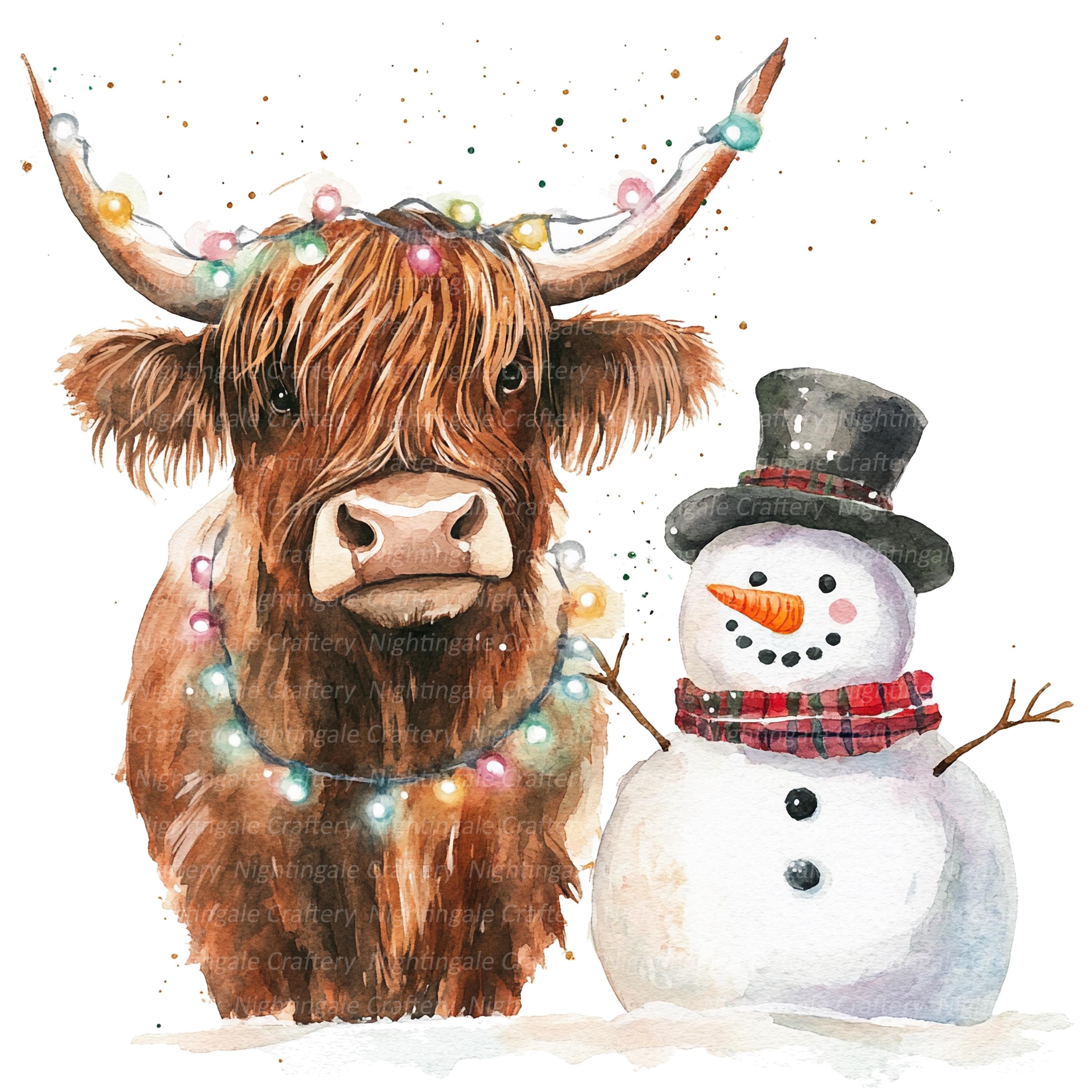 8 Christmas Highland Cow Clipart, Snowman Clipart, Printable Watercolor ...