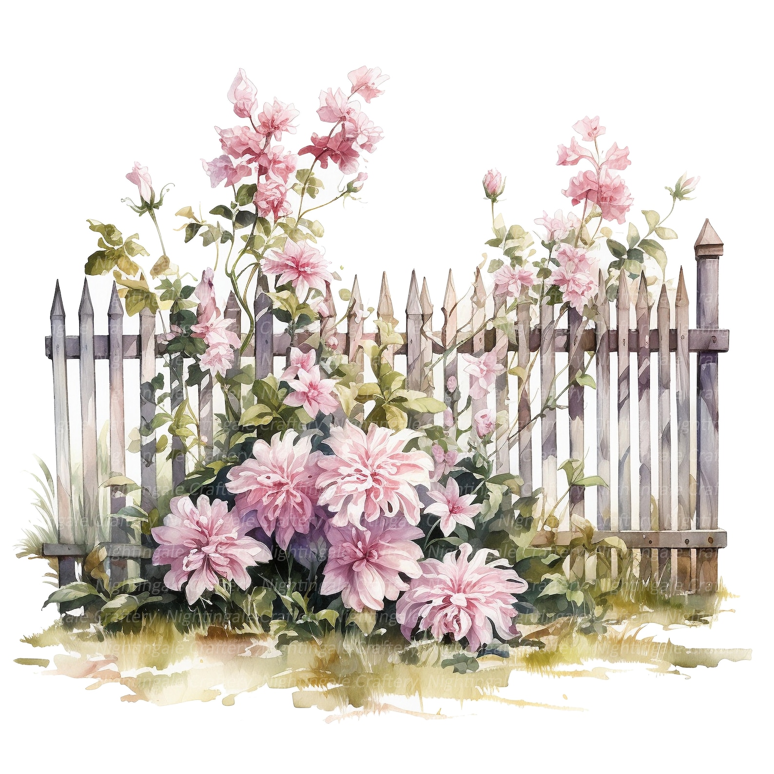 10 Vintage Floral Fence Clipart, Flower Fence, Printable Watercolor ...