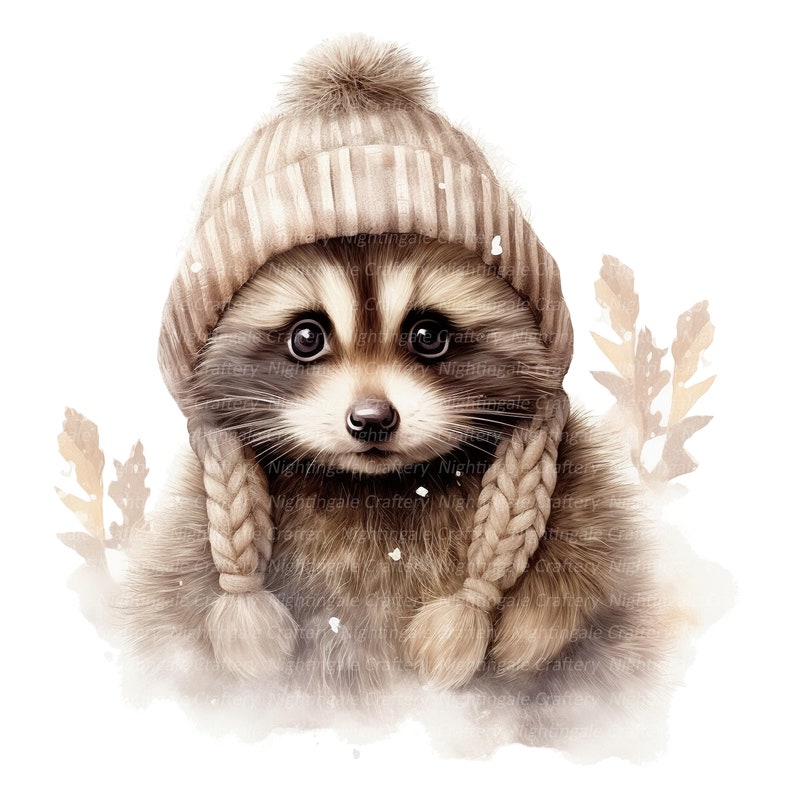 10 Racoon in Wool Hat Clipart, Winter Racoon, Printable Watercolor ...