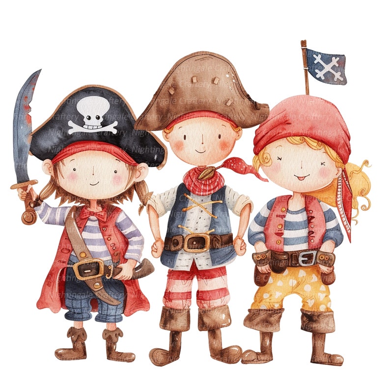 10 Pirates Party Clipart, Cartoon Pirates Print, Printable Watercolor ...