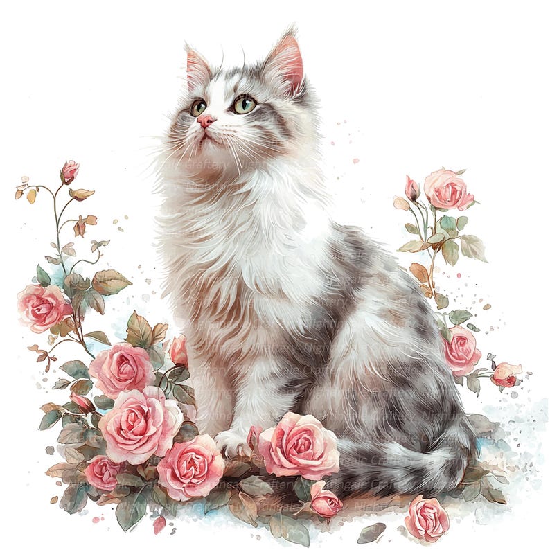 10 Floral Cats, Cats Clipart, Cat in Roses, Printable Watercolor ...