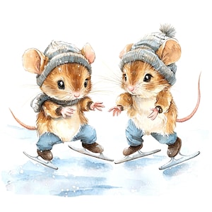 10 Cute Mice Skating Clipart, Ice Skating, Printable Watercolor Clipart ...