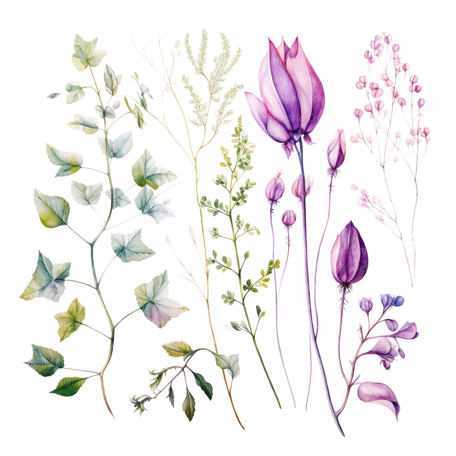 12 Botanical Plant Clipart, Wildflower Plants, Printable Watercolor ...