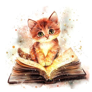 10 Cat and Magic Book Clipart, Fantasy Book, Printable Watercolor ...