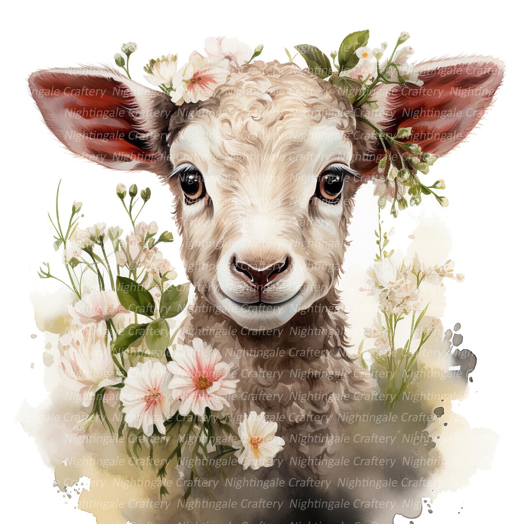 Lamb in Flowers Clipart, Printable Watercolor Clipart, 12 High Quality ...