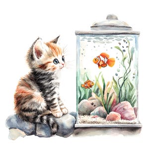 14 Kitten and Aquarium Clipart, Cat Clipart, Printable Watercolor ...