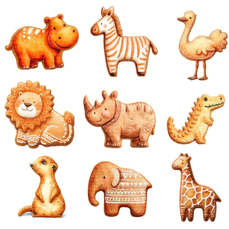18 Gingerbread Animals Clipart, Christmas Card, Printable Watercolor ...