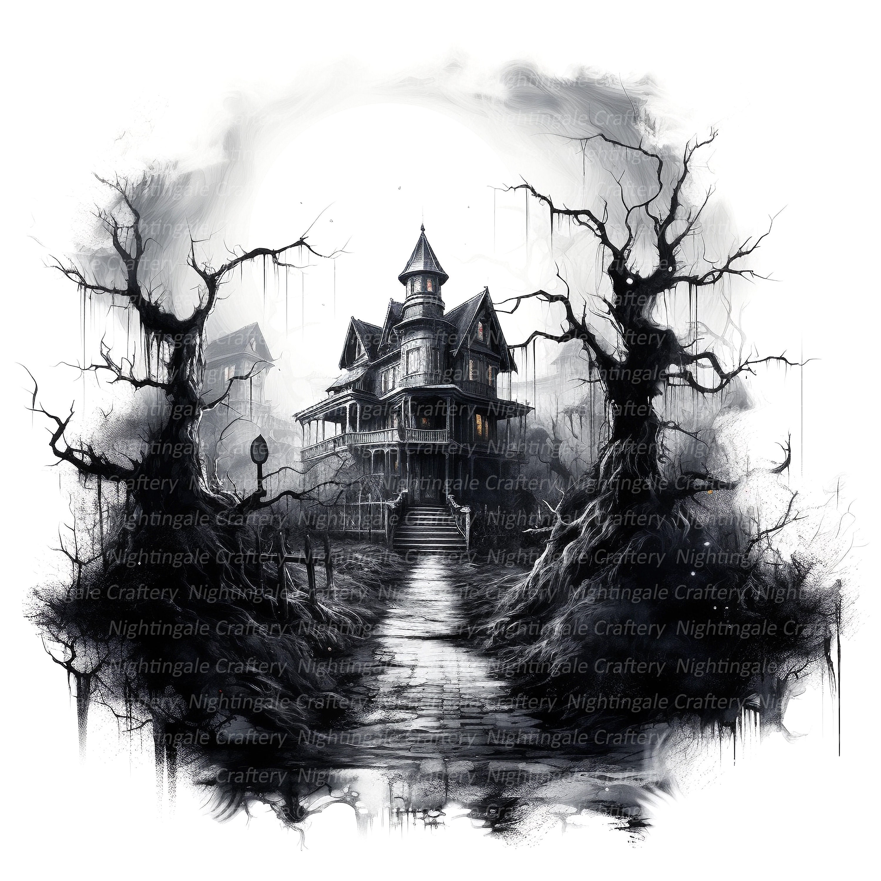 14 Haunted House Ink Art Clipart, Printable Watercolor Clipart, High ...