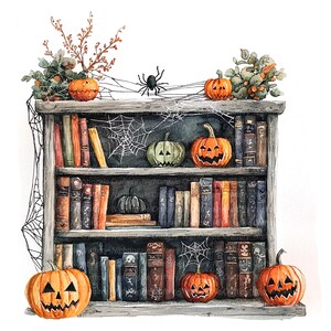 9 Halloween Clipart, Scary Bookshelf, Printable Watercolor Clipart ...