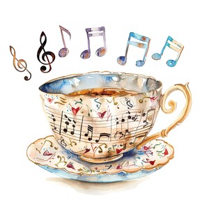 12 Music Notes Tea Cup Clipart, Printable Watercolor Clipart, High ...