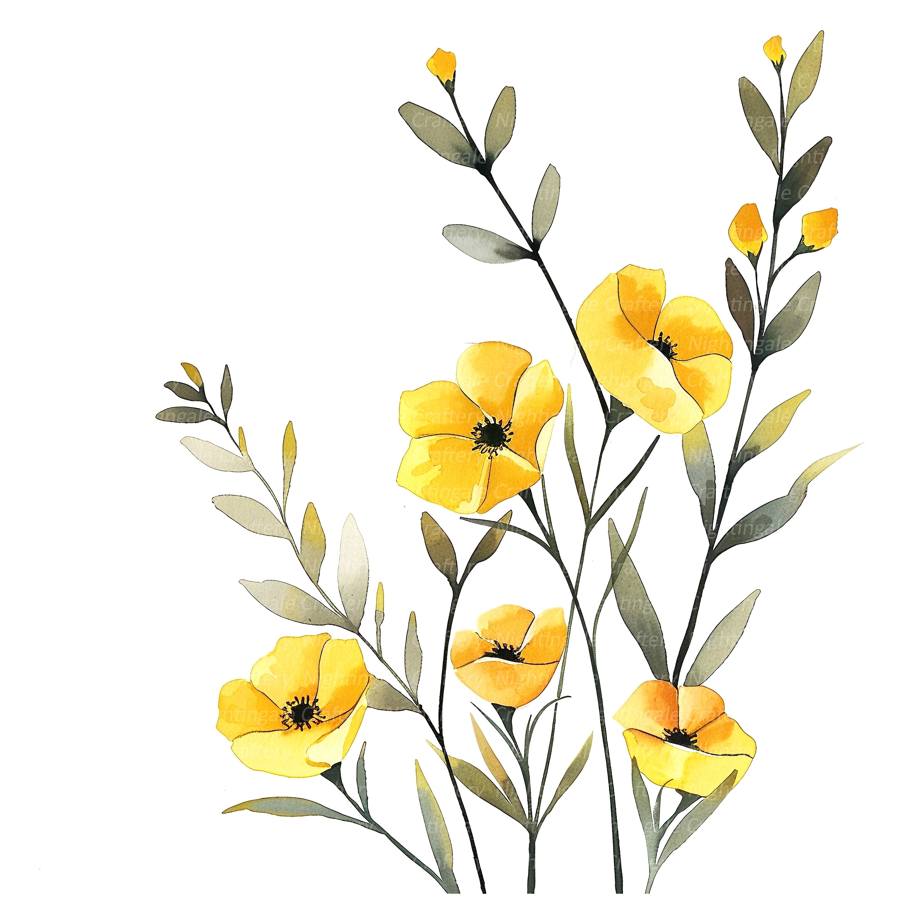 8 Spring Flowers Clipart, Yellow Flowers, Printable Watercolor Clipart ...