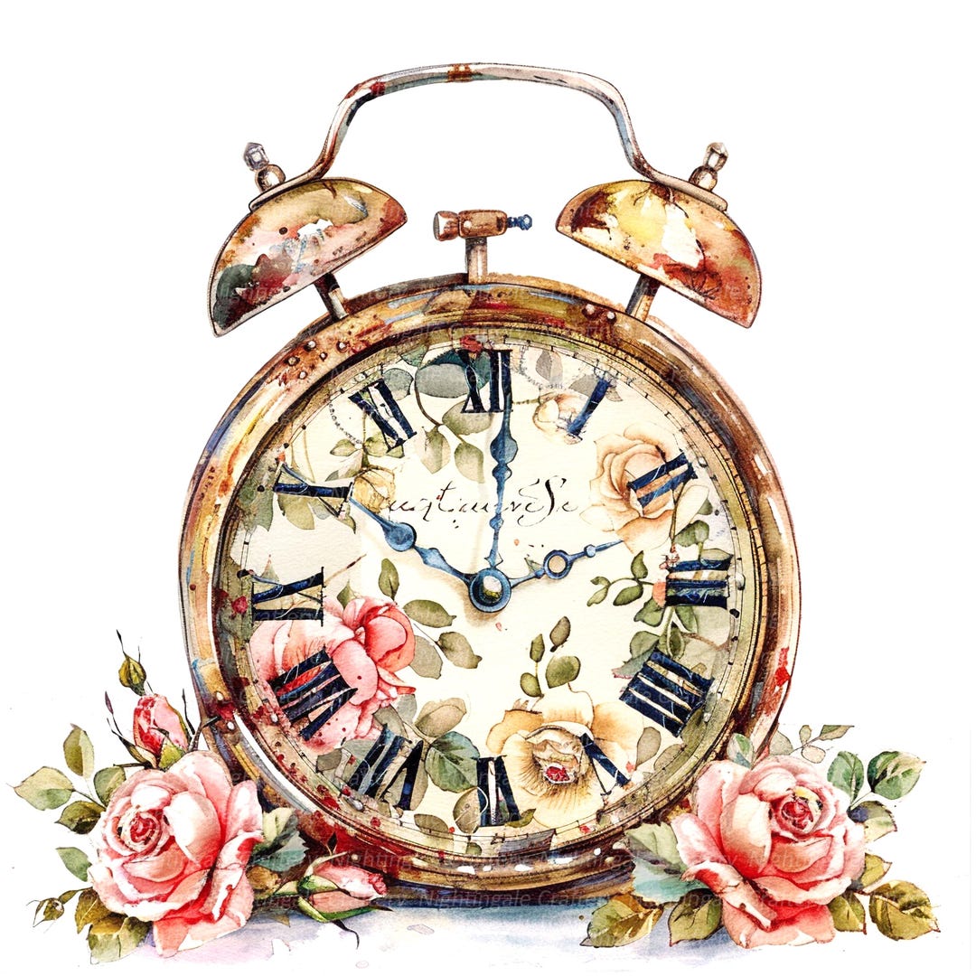12 Vintage Clock Clipart, Floral Clock Clip Art, Printable Watercolor ...