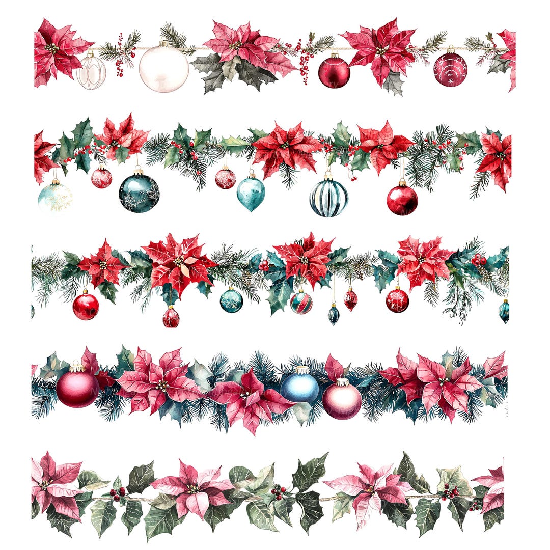 10 Christmas Garland Clipart, Seamless Border, Printable Watercolor ...