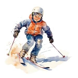 10 Kids Skiing Clipart, Kids in Winter, Printable Watercolor Clipart ...
