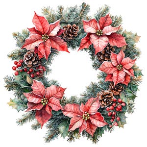10 Poinsettia Christmas Wreath Clipart, Card Making, Watercolor Clipart ...