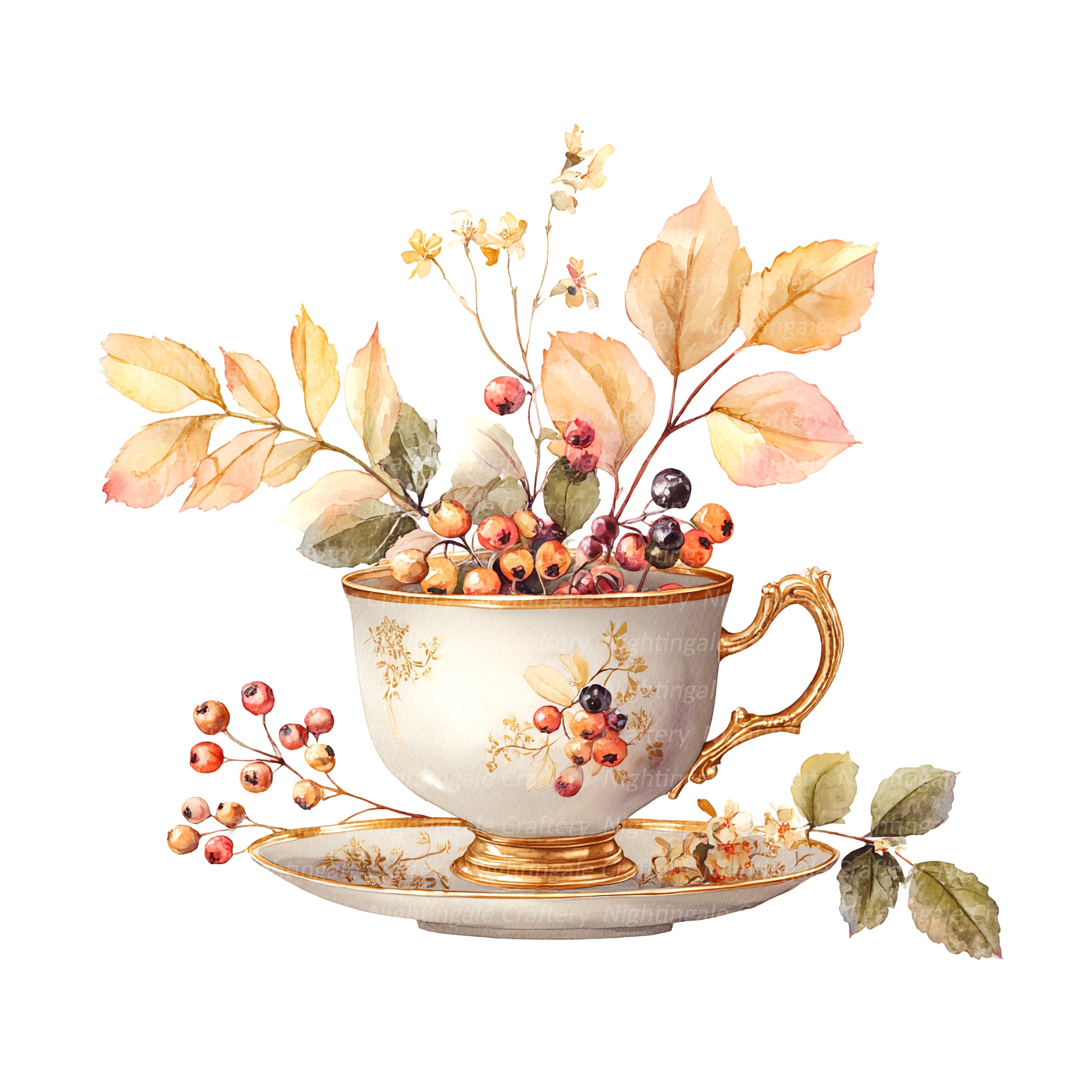12 Autumn Tea Cup Clipart, Autumn Design, Printable Watercolor Clipart ...